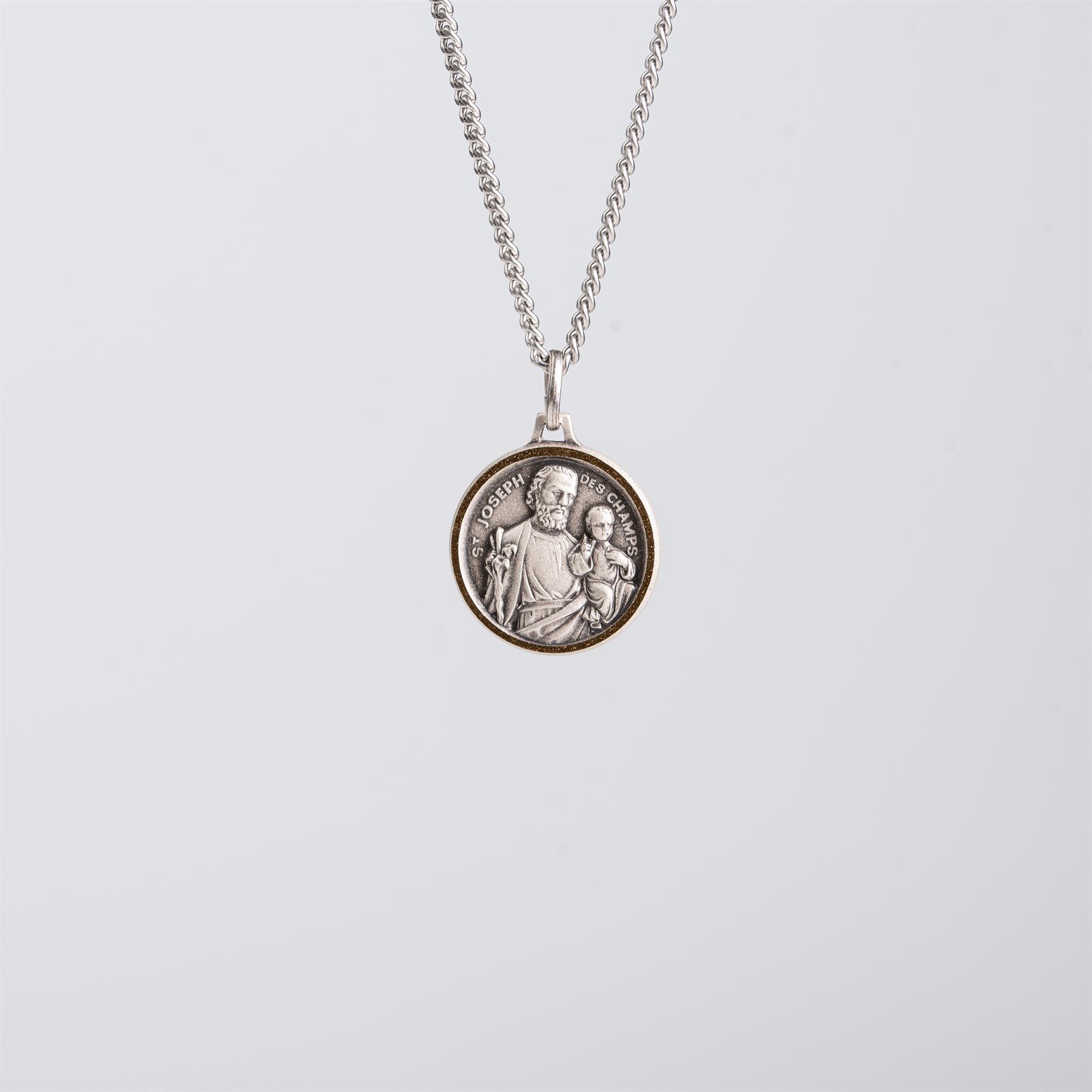 St Joseph Medal with 18" Chain and velvet Box Silver plated Made in France